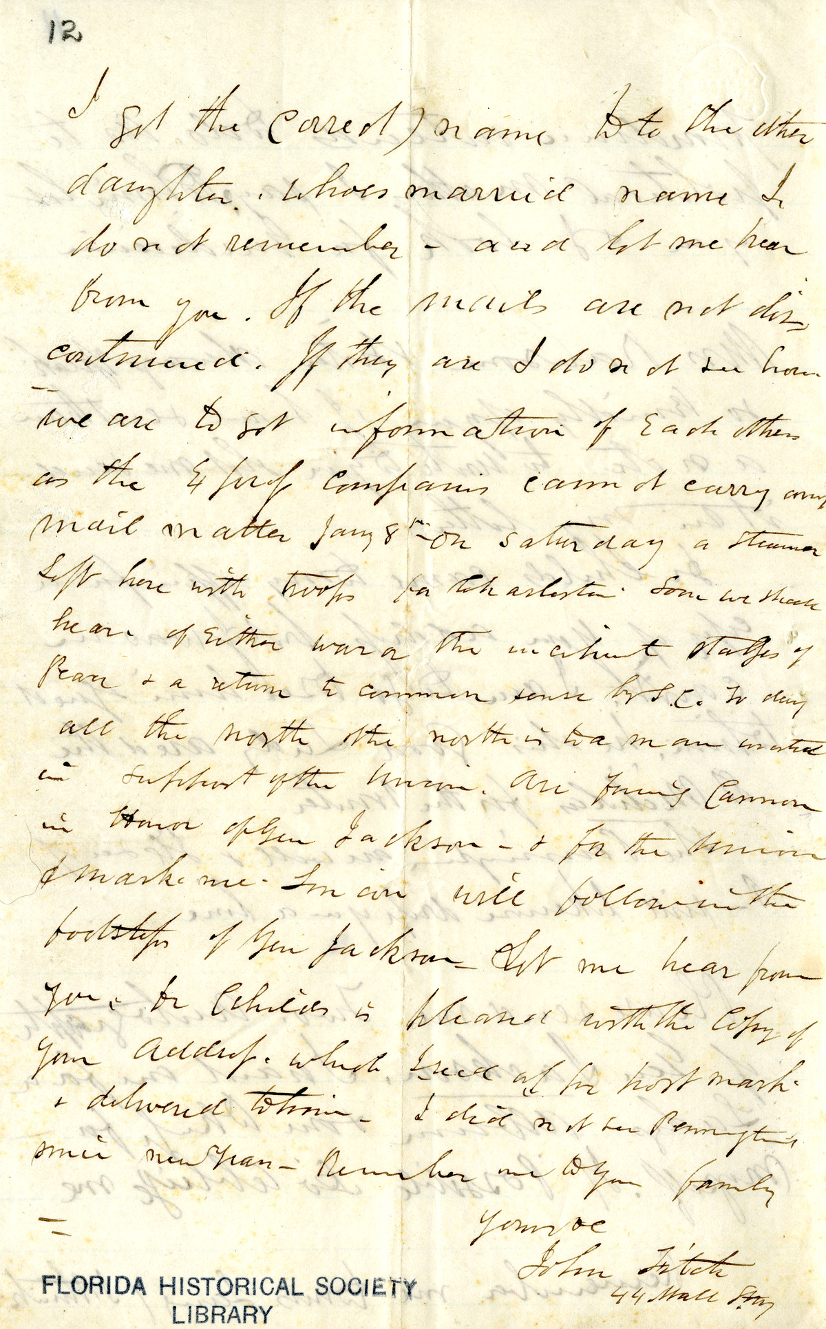 Florida Memory • 1860-1861. Letter to R.K. Call from John Fitch ...