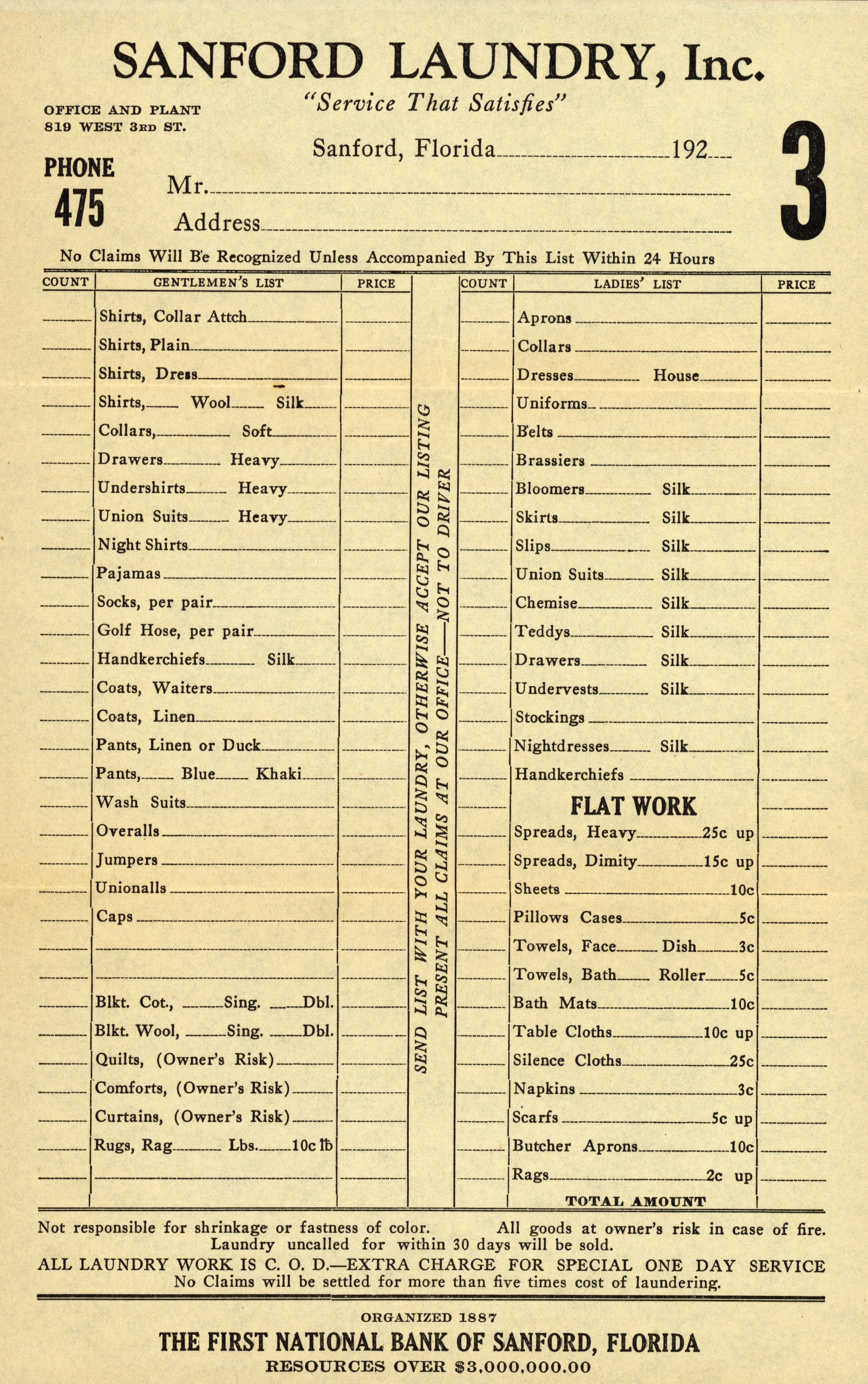 Florida Memory • Sanford Laundry Claim Slip, ca. 1920s