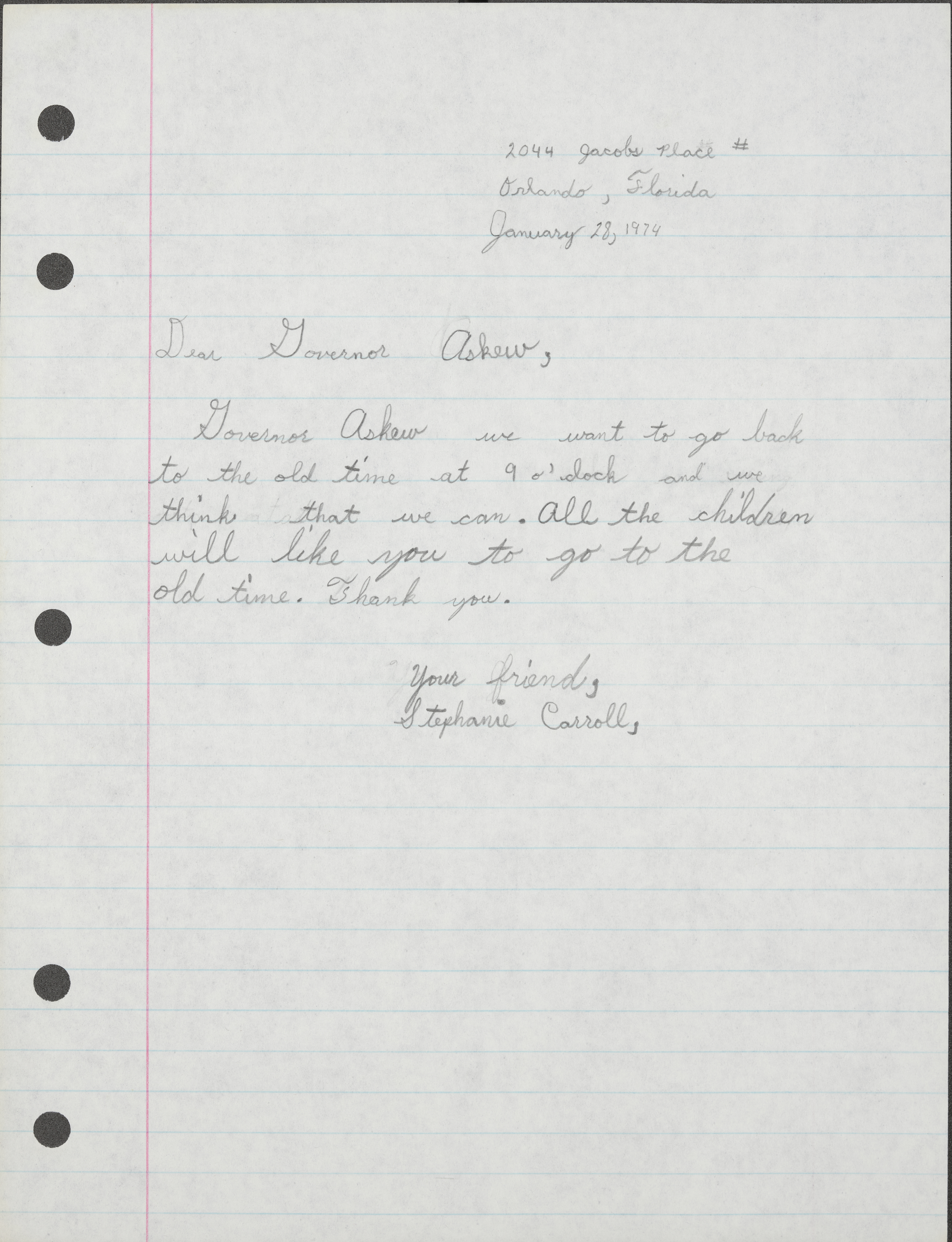 Florida Memory • Letters from Orlando school children to Governor Askew ...