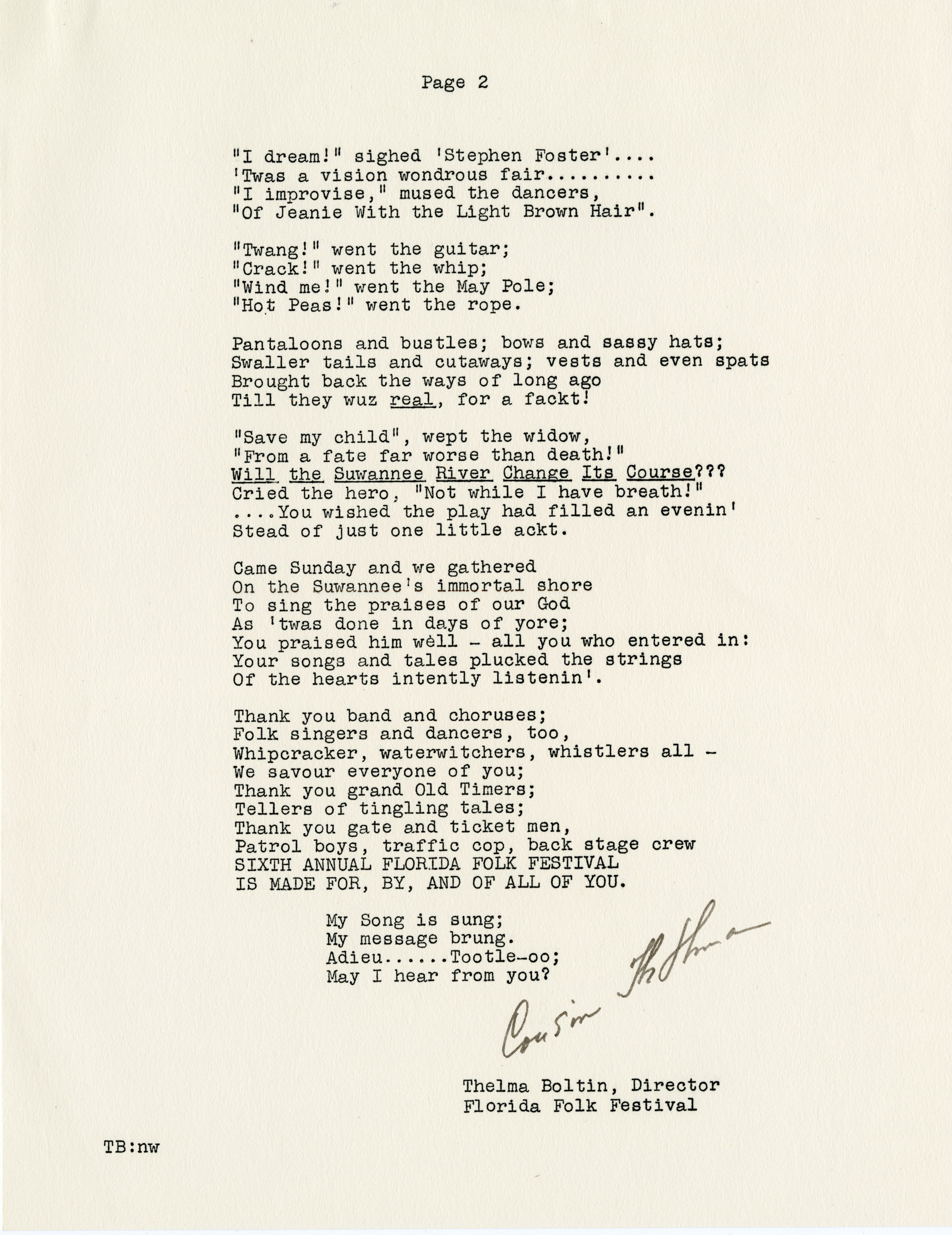 Florida Memory • Florida Folk Festival Poem by Thelma Boltin, ca. 1958