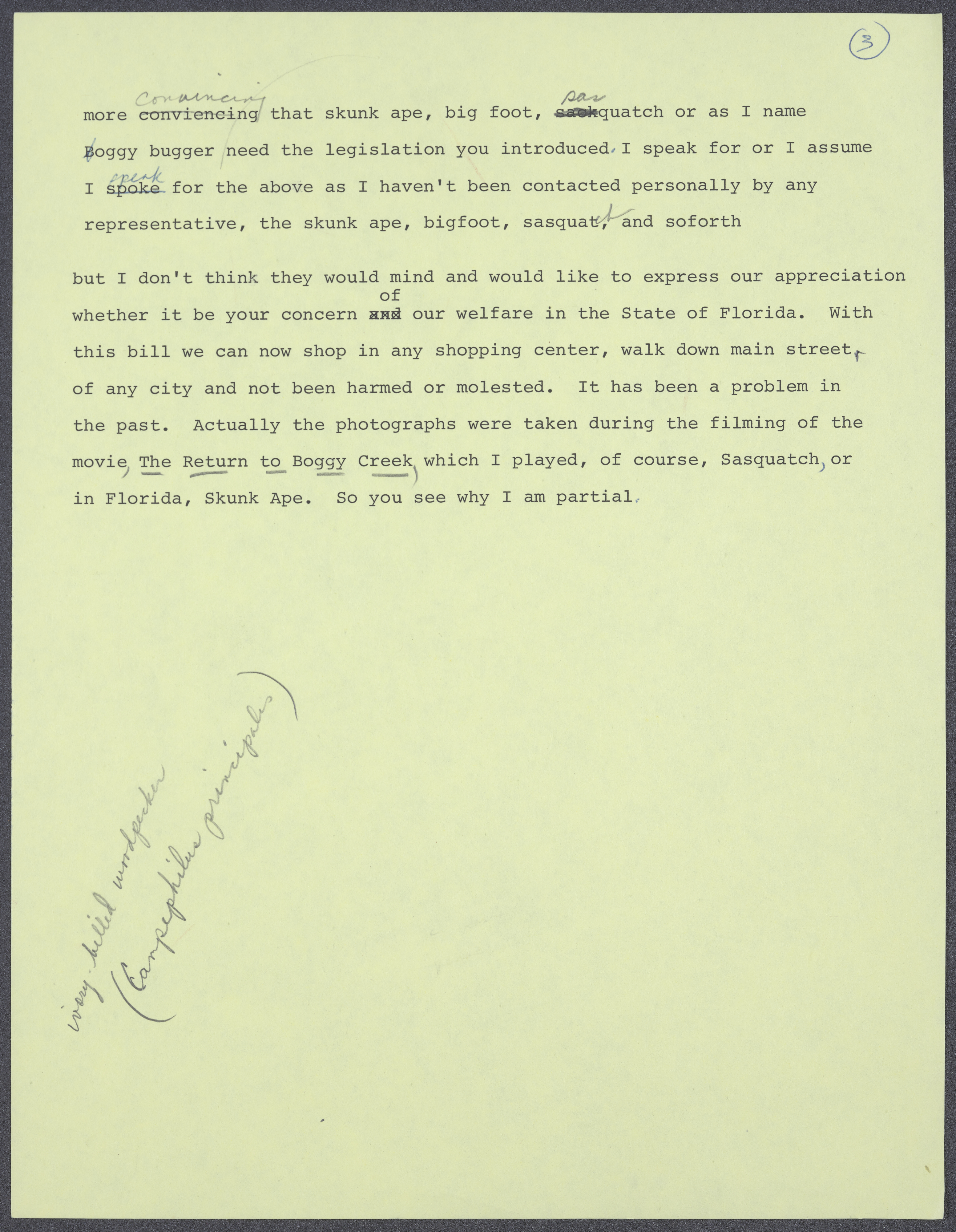 Florida Memory • Bill File, House Bill 58. "The Florida Skunk Ape ...