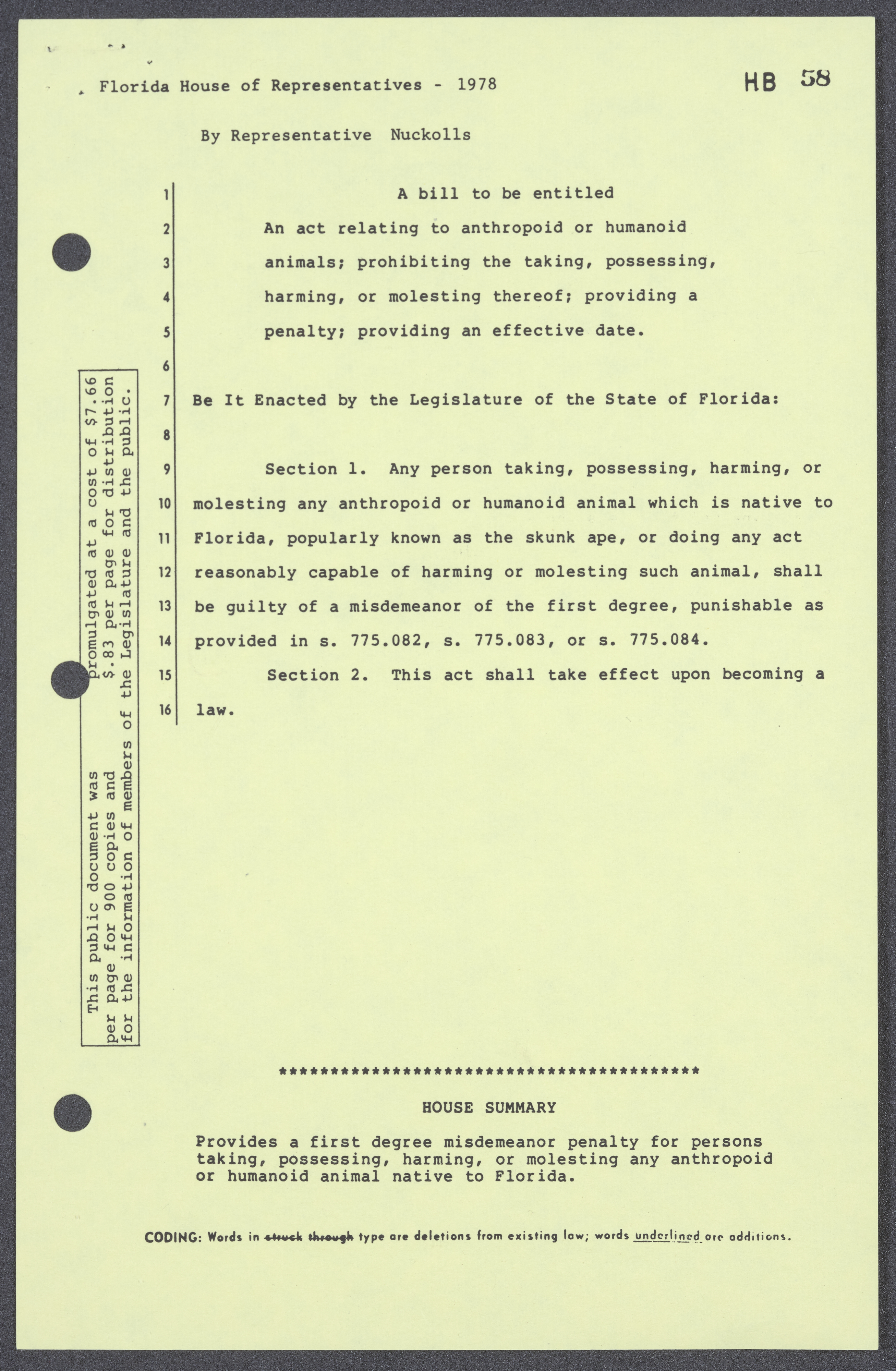 Florida Memory • Bill File, House Bill 58. "The Florida Skunk Ape ...