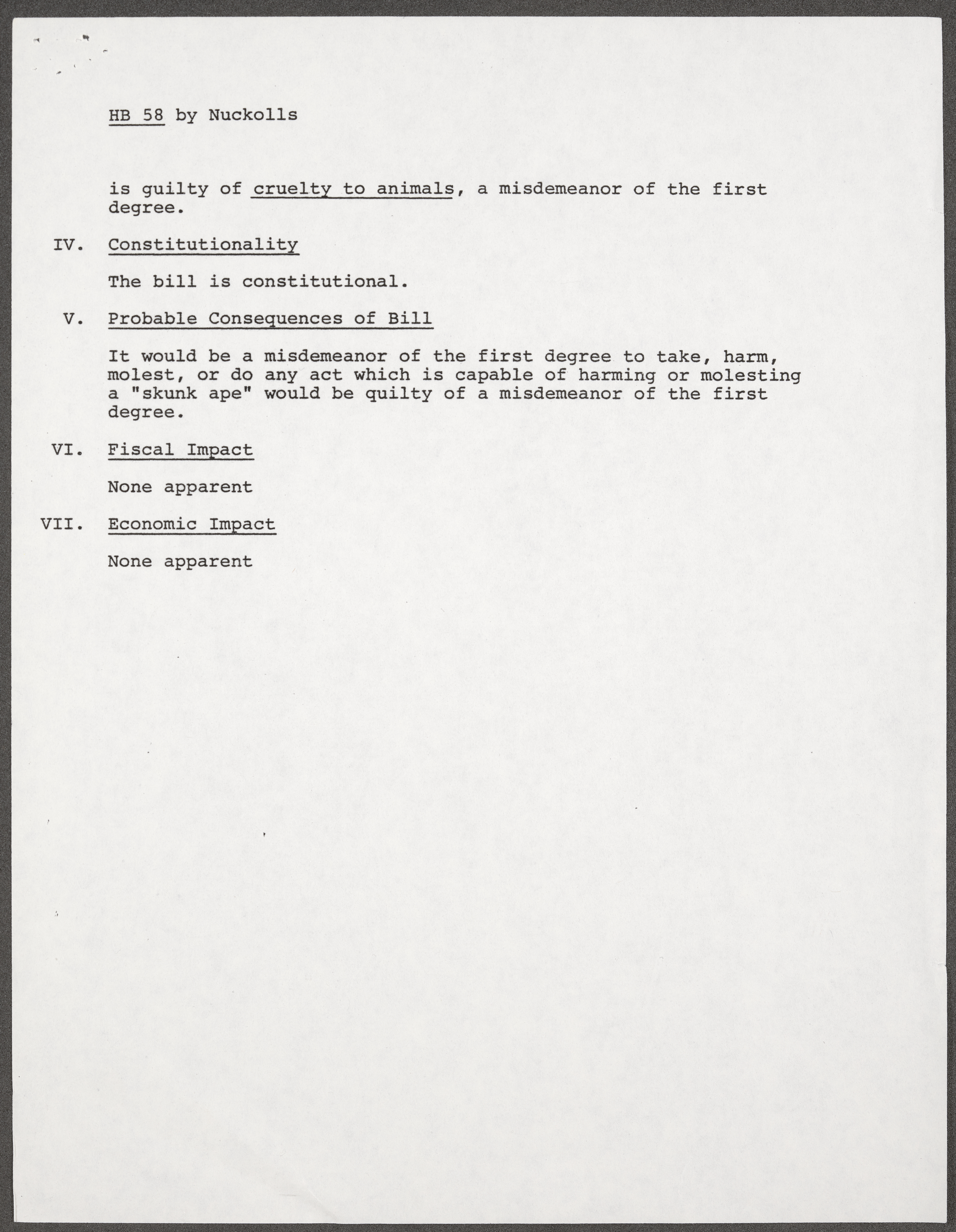 Florida Memory • Bill File, House Bill 58. "The Florida Skunk Ape ...