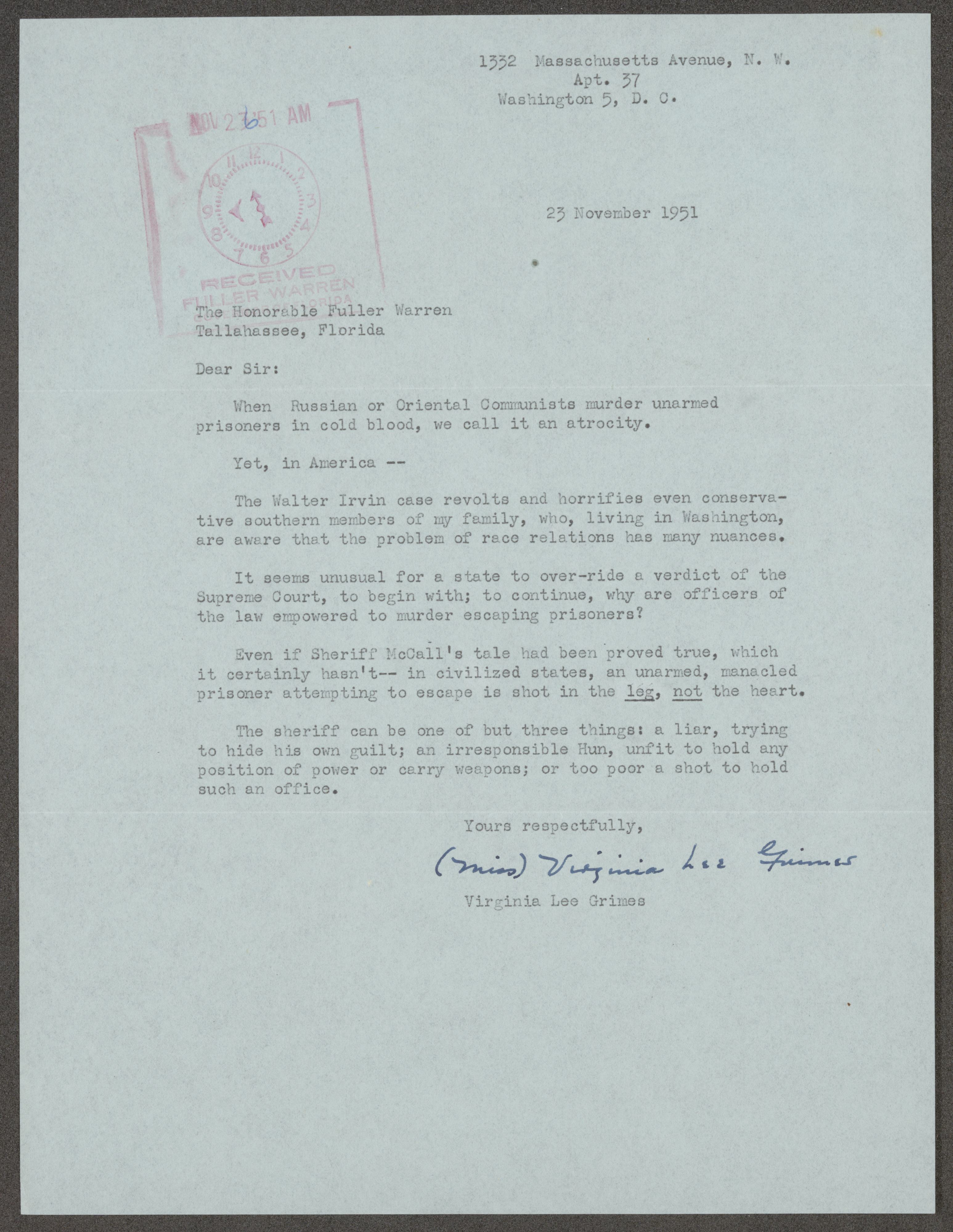 Florida Memory • Letter from Virginia Lee Grimes to Governor Fuller ...