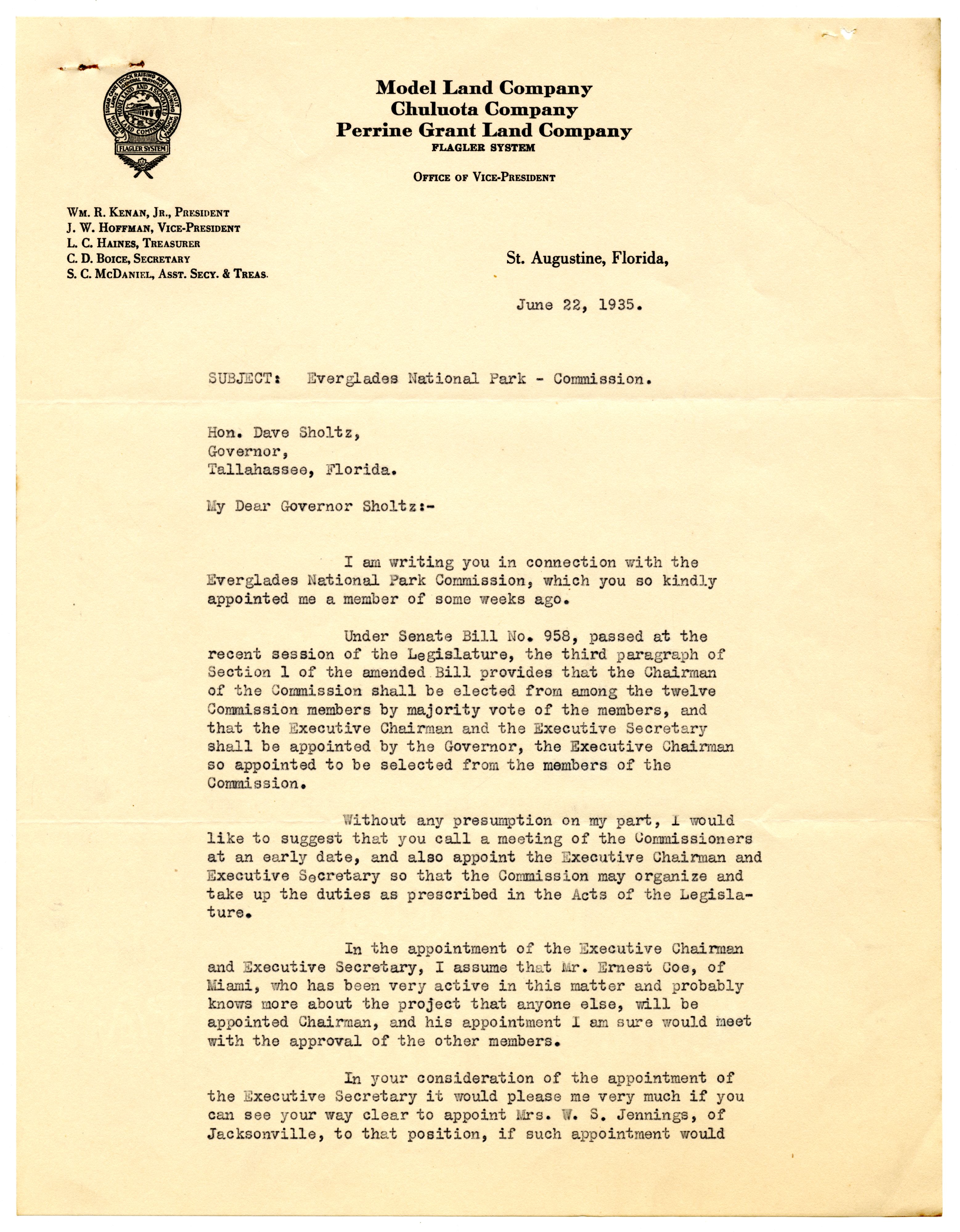 Florida Memory • Letter from J.W. Hoffman to Governor David Sholtz, 1935