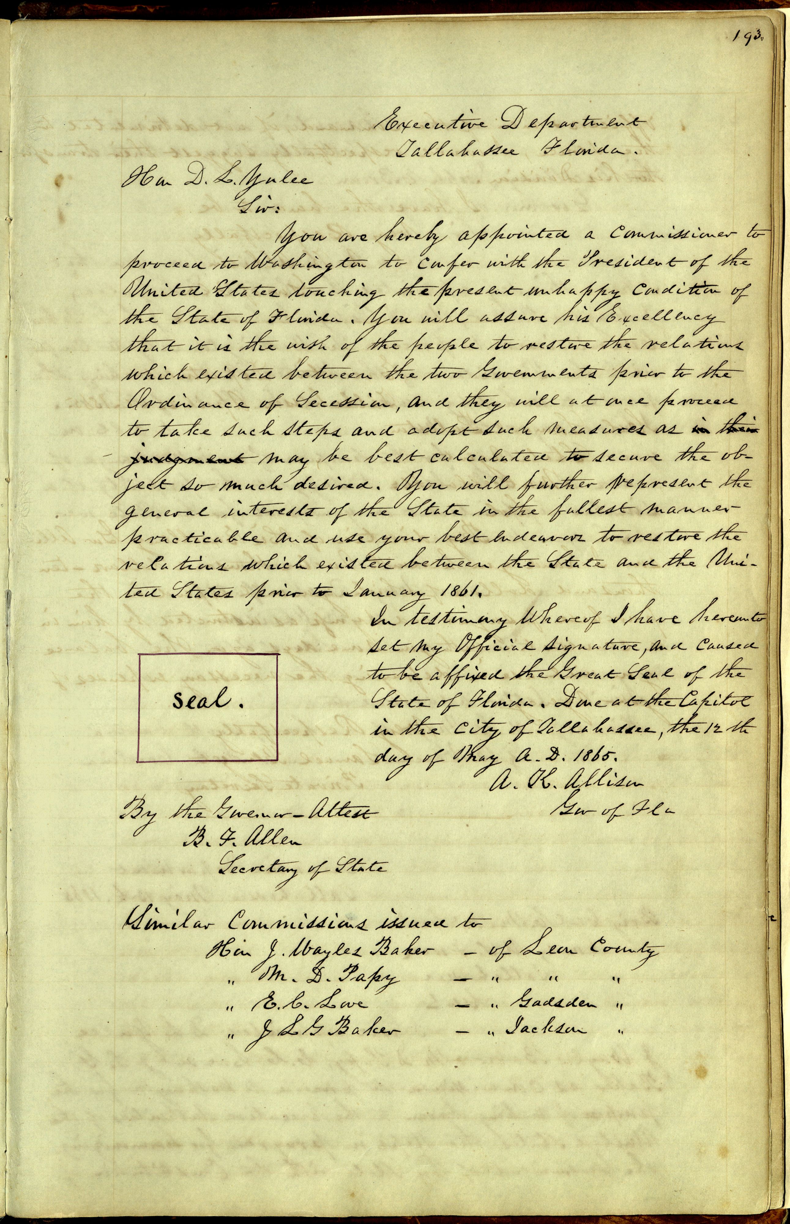 Florida Memory • Commission from Governor Abraham K. Allison to David ...