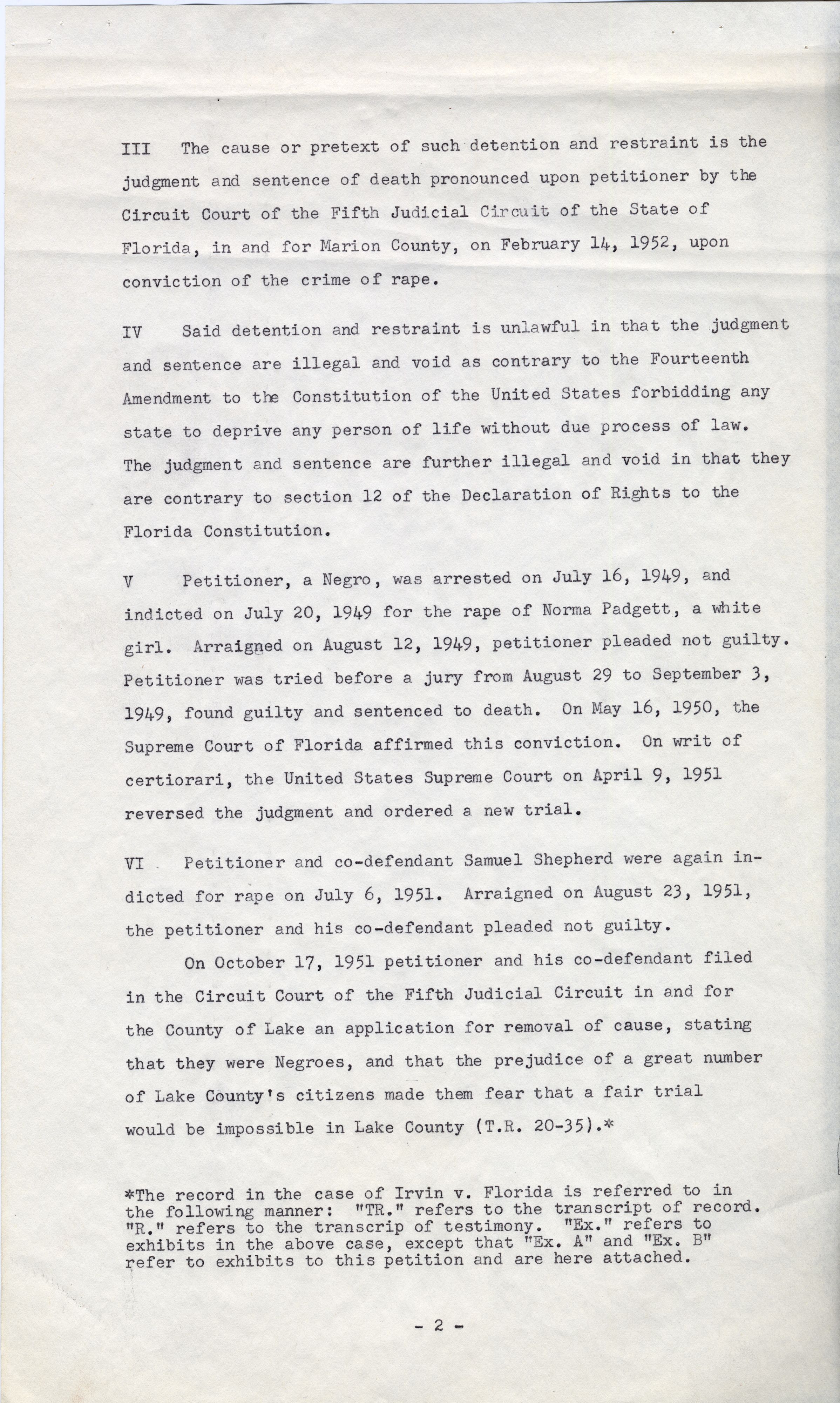 Florida Memory • Florida Supreme Court Case File: Irvin v. Chapman, 1954