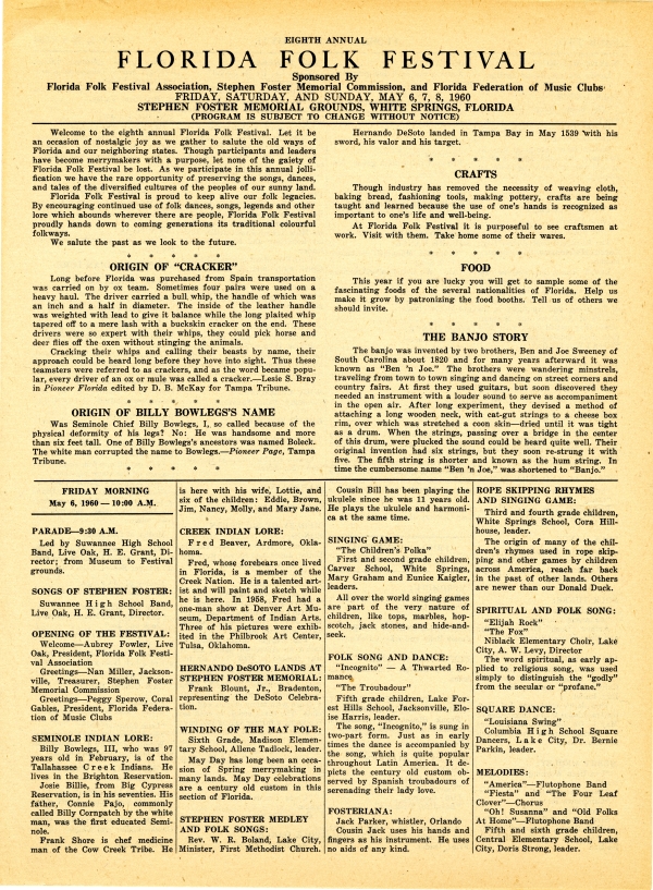 Florida Memory • 8th Annual Florida Folk Festival Schedule, 1960