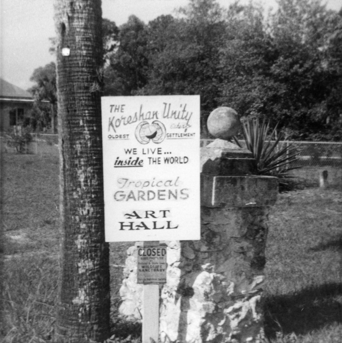 Florida Memory • Koreshan Unity sign by gate in Estero, Florida.