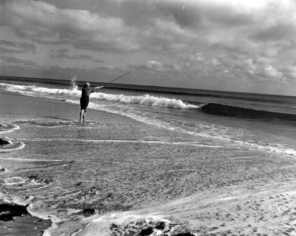 Florida Memory • Major Robert Irwin surf fishing - Delray Beach, Florida.