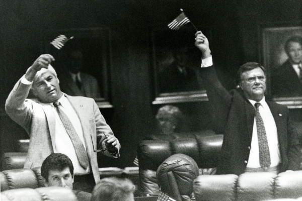 Florida Memory • Rep. David Flagg and Rep. F. Allen Boyd do some flag ...