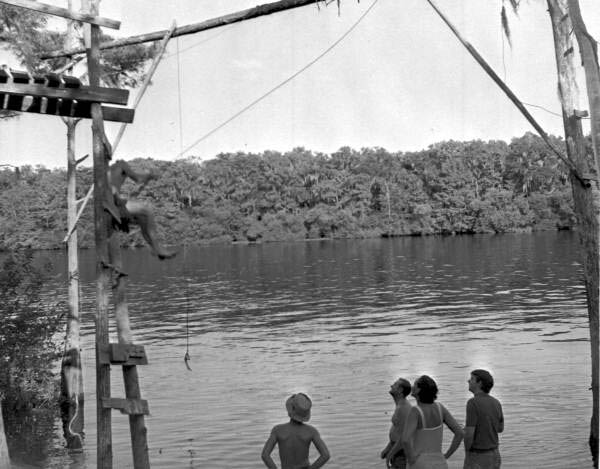 Florida Memory • Leesburg Boating Club members jumping from a rope into ...