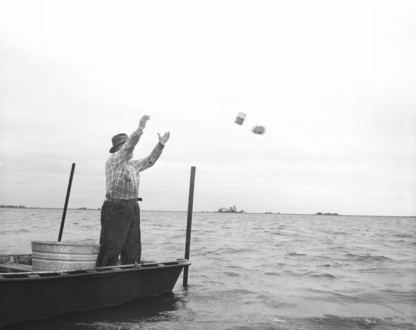 Florida Memory • Man in boat throwing cans into bay.