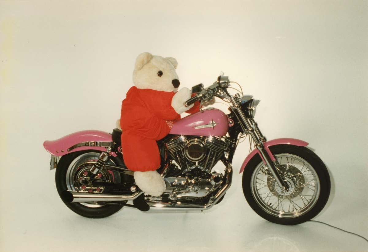 Florida Memory • Large teddy bear posed on the back of a pink Harley ...