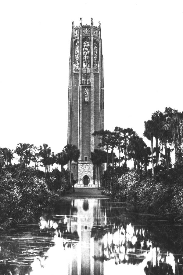 Florida Memory • Bok Tower reflected in the lake - Lake Wales, Florida.