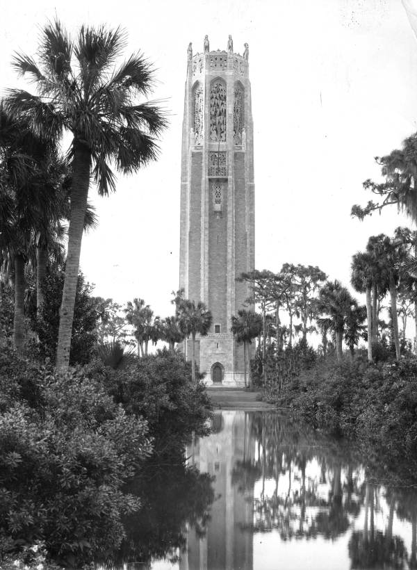 Florida Memory • Bok Tower reflected in the lake- Lake Wales, Florida.