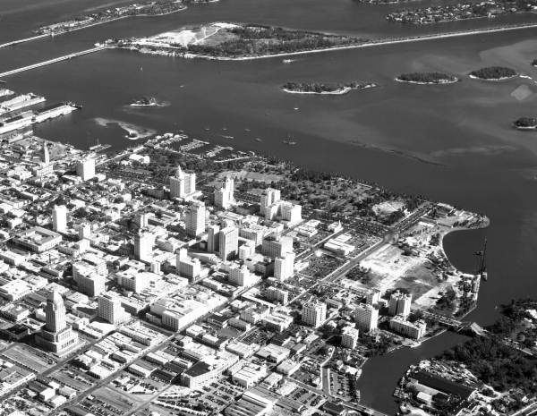 Florida Memory • Aerial view showing a section of Miami near the river ...