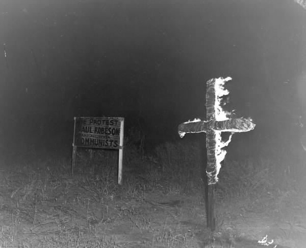 Florida Memory • Burning cross and protest sign at KKK rally ...